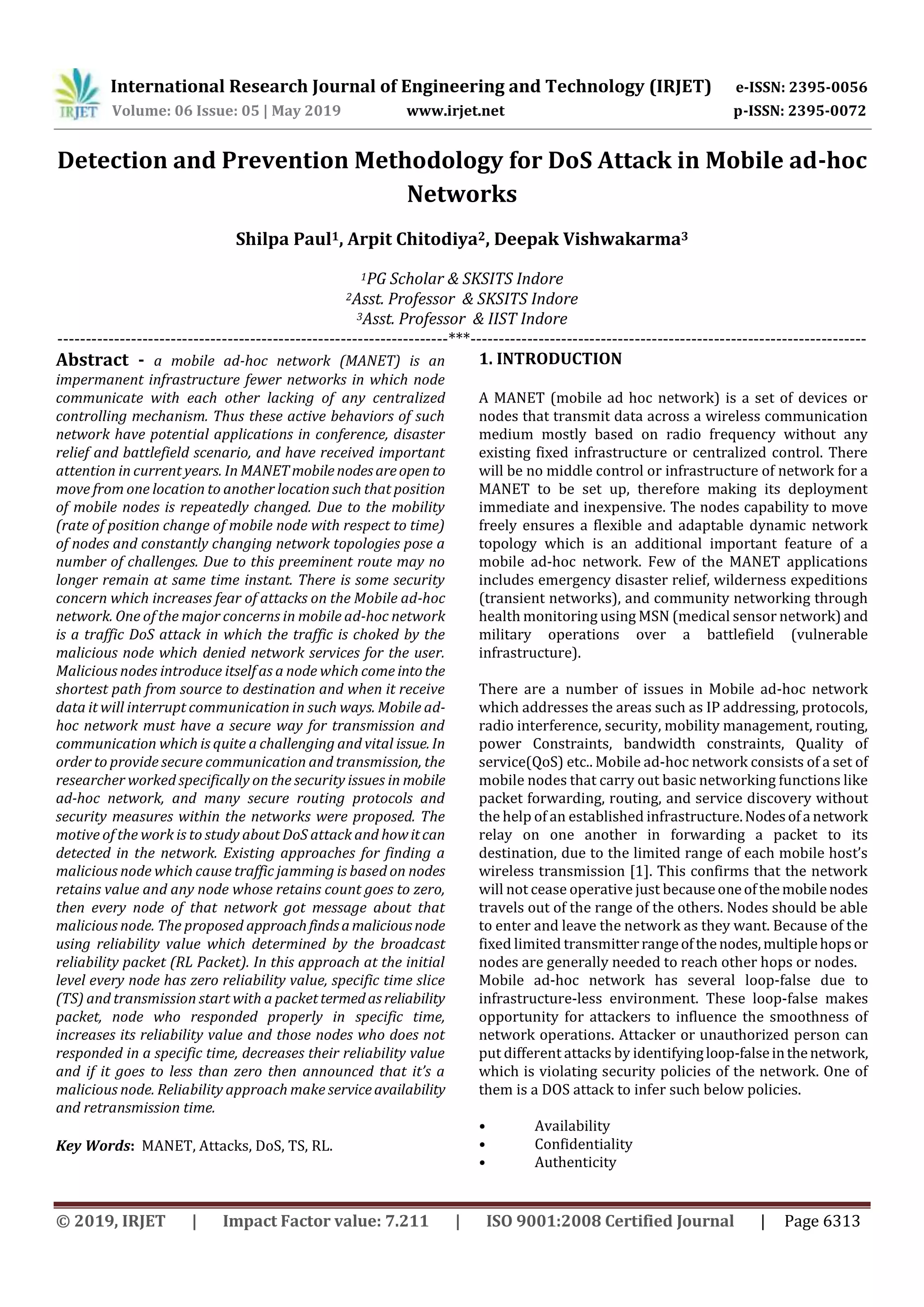 IRJET- Detection and Prevention Methodology for Dos Attack in Mobile Ad-Hoc Networks | PDF