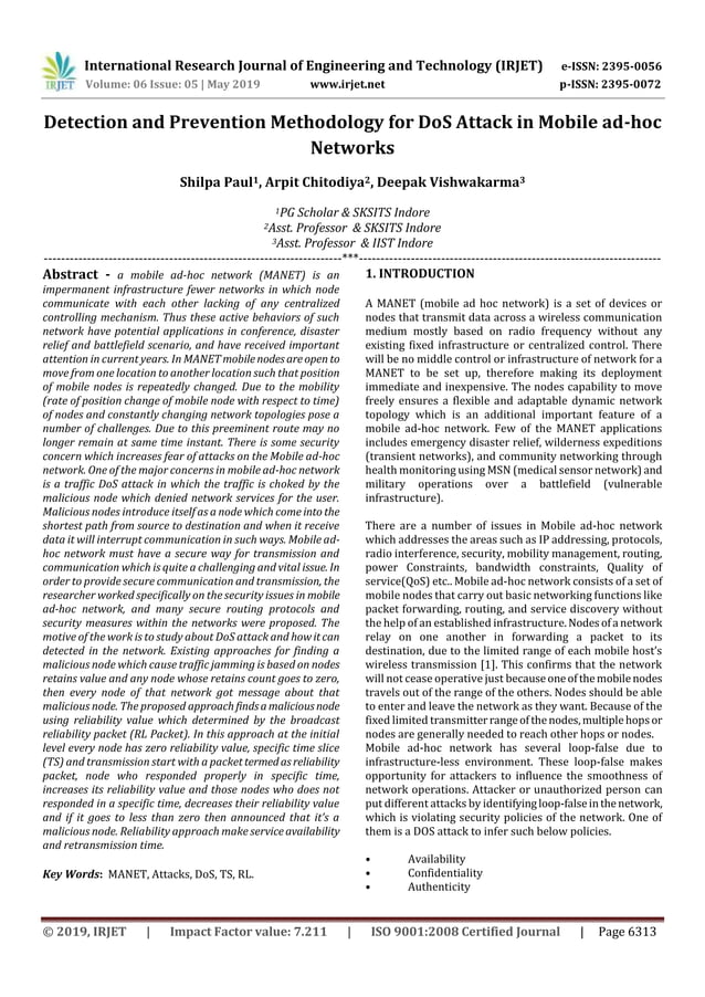 IRJET- Detection and Prevention Methodology for Dos Attack in Mobile Ad-Hoc Networks | PDF