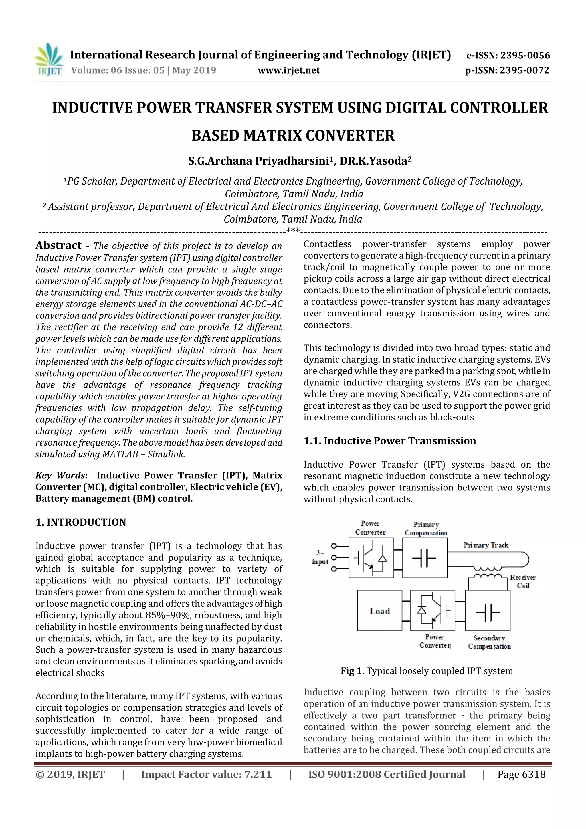 IRJET- Inductive Power Transfer System using Digital Controller based Matrix Converter | PDF