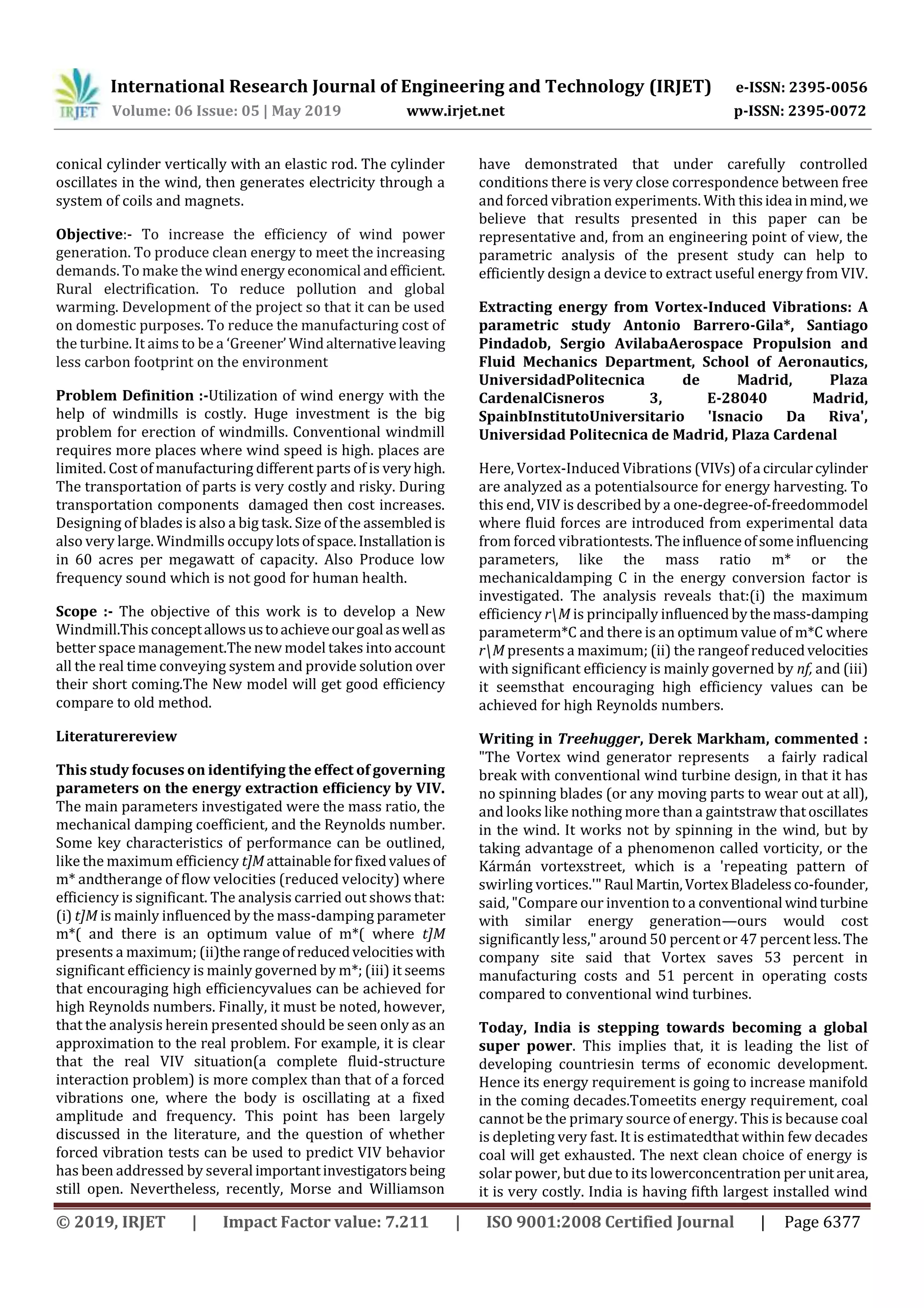 IRJET- Power Generation with the Application of Vortex Wind Turbine | PDF