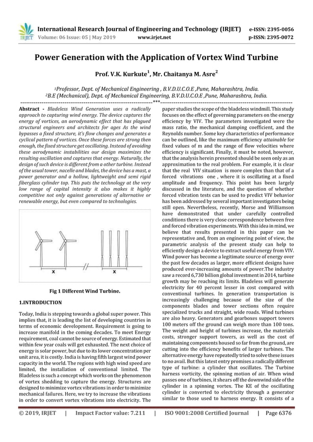 IRJET- Power Generation with the Application of Vortex Wind Turbine | PDF