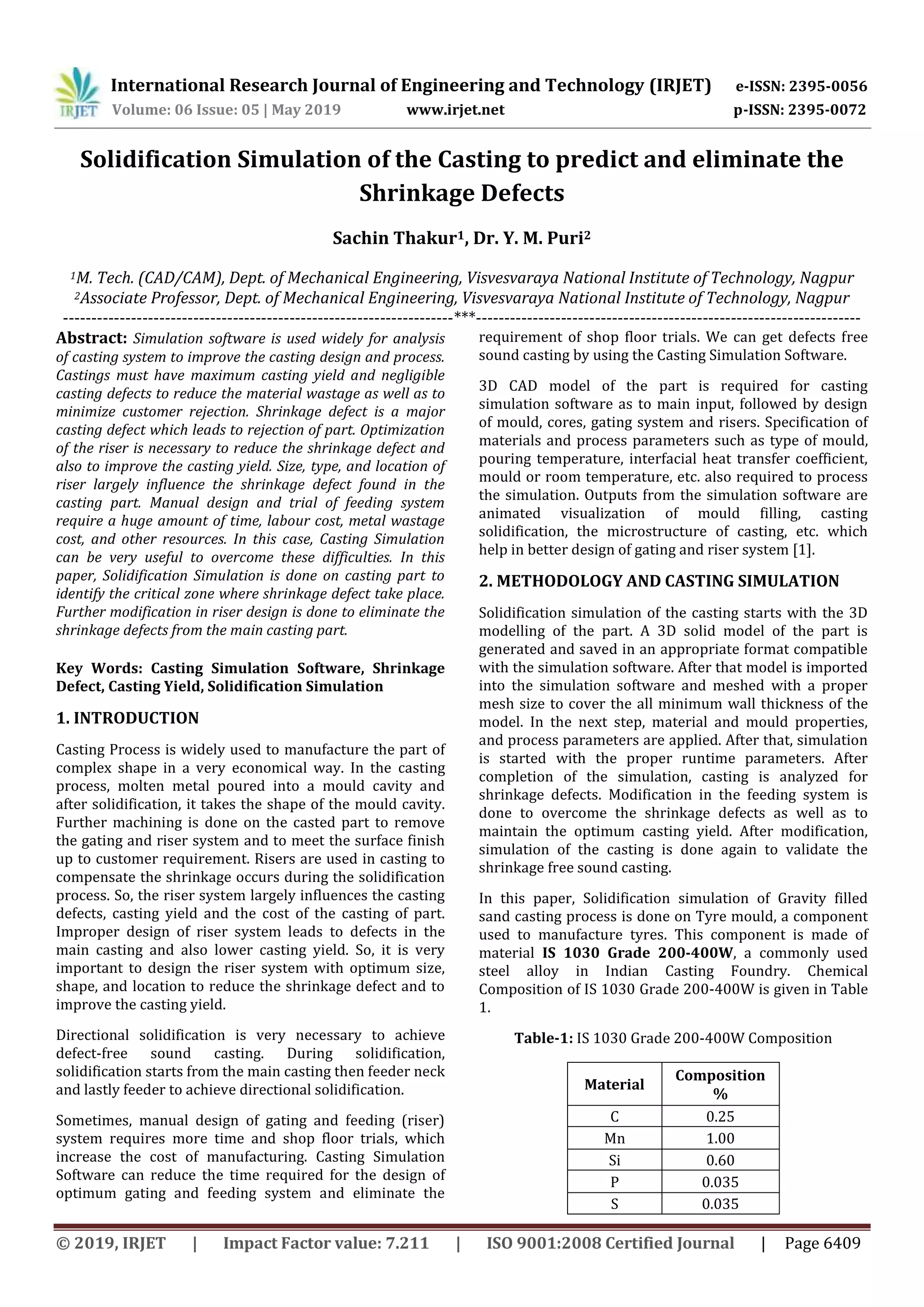 IRJET- Solidification Simulation of the Casting to Predict and Eliminate the Shrinkage Defects | PDF