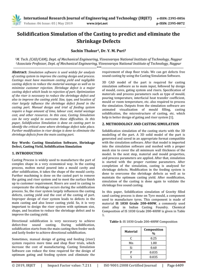 IRJET- Solidification Simulation of the Casting to Predict and Eliminate the Shrinkage Defects | PDF