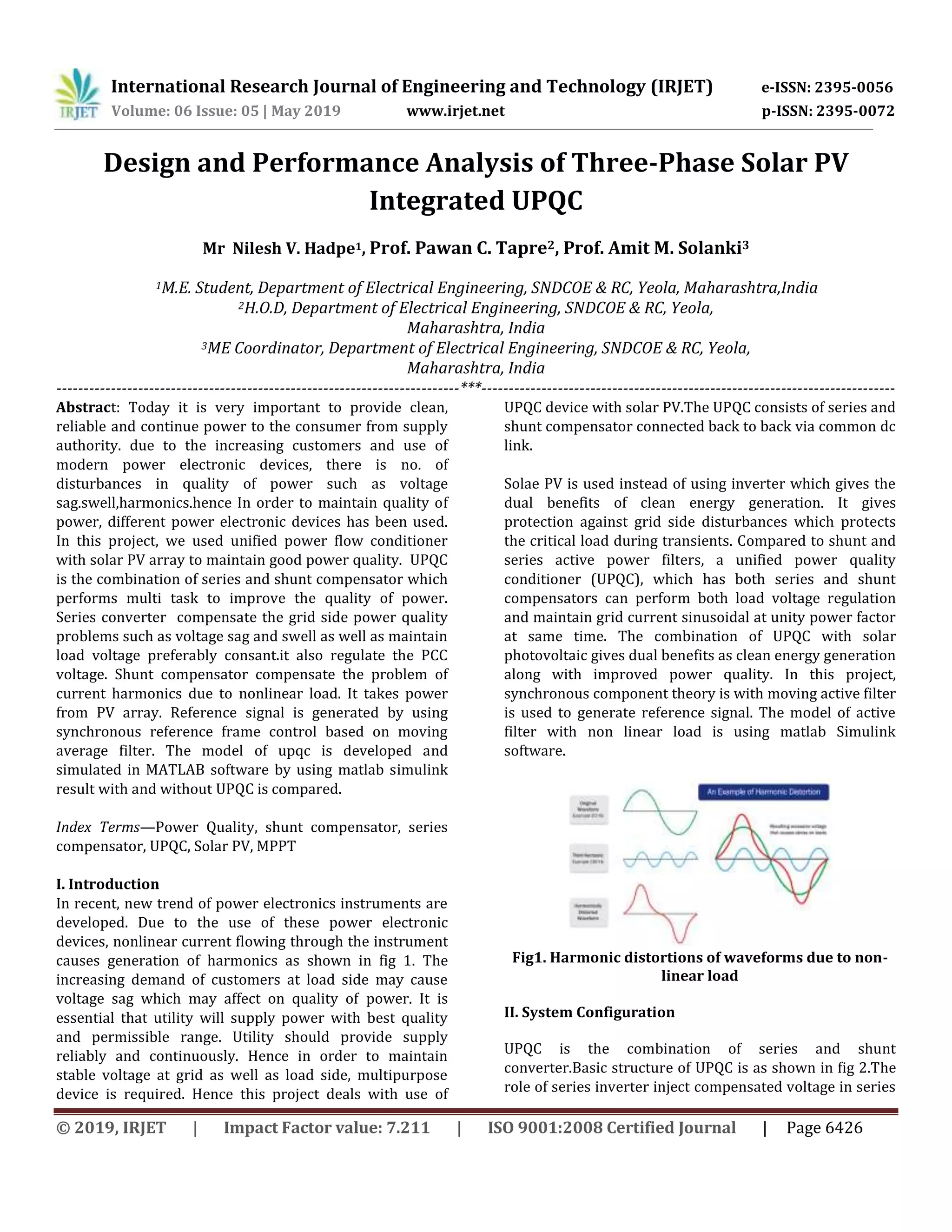 Irjet Design And Performance Analysis Of Three Phase Solar Pv Integrated Upqc Pdf Home