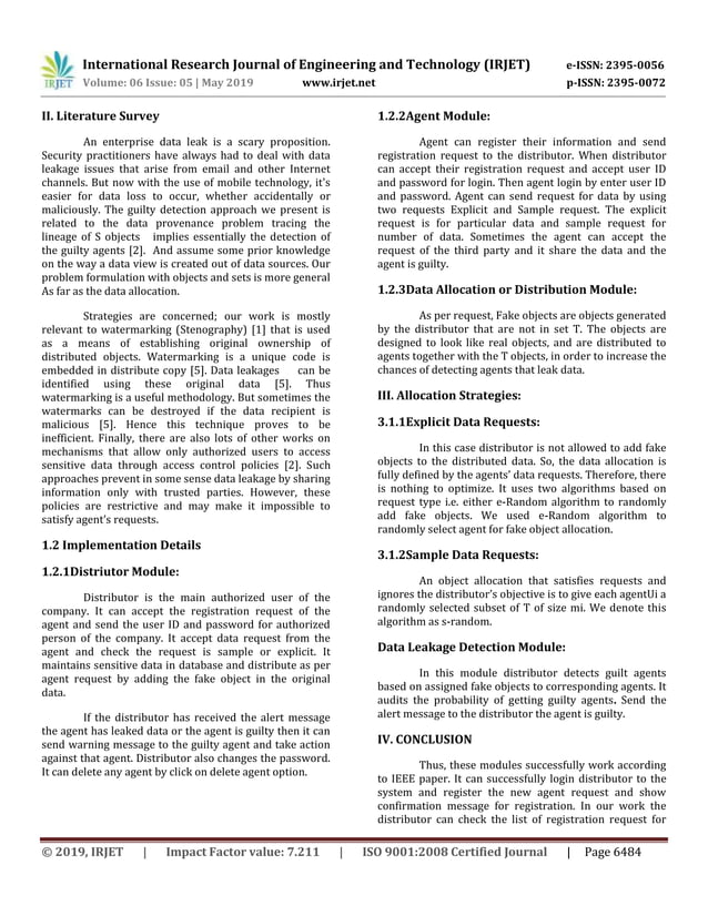 IRJET- A Literature Review on Deta Leakage Detection | PDF | Databases | Computer Software and ...