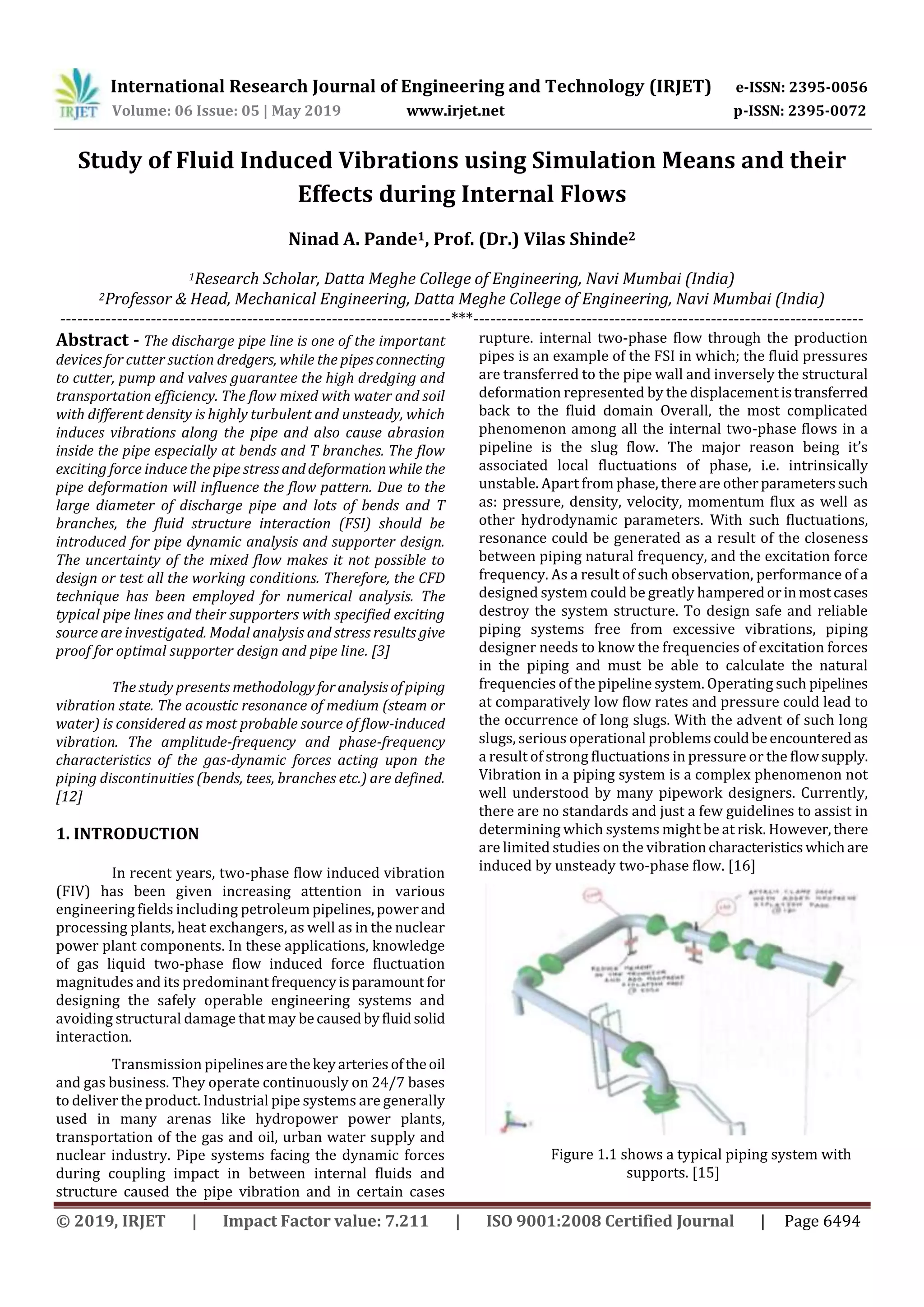 IRJET- Study of Fluid Induced Vibrations using Simulation Means and their Effects during ...