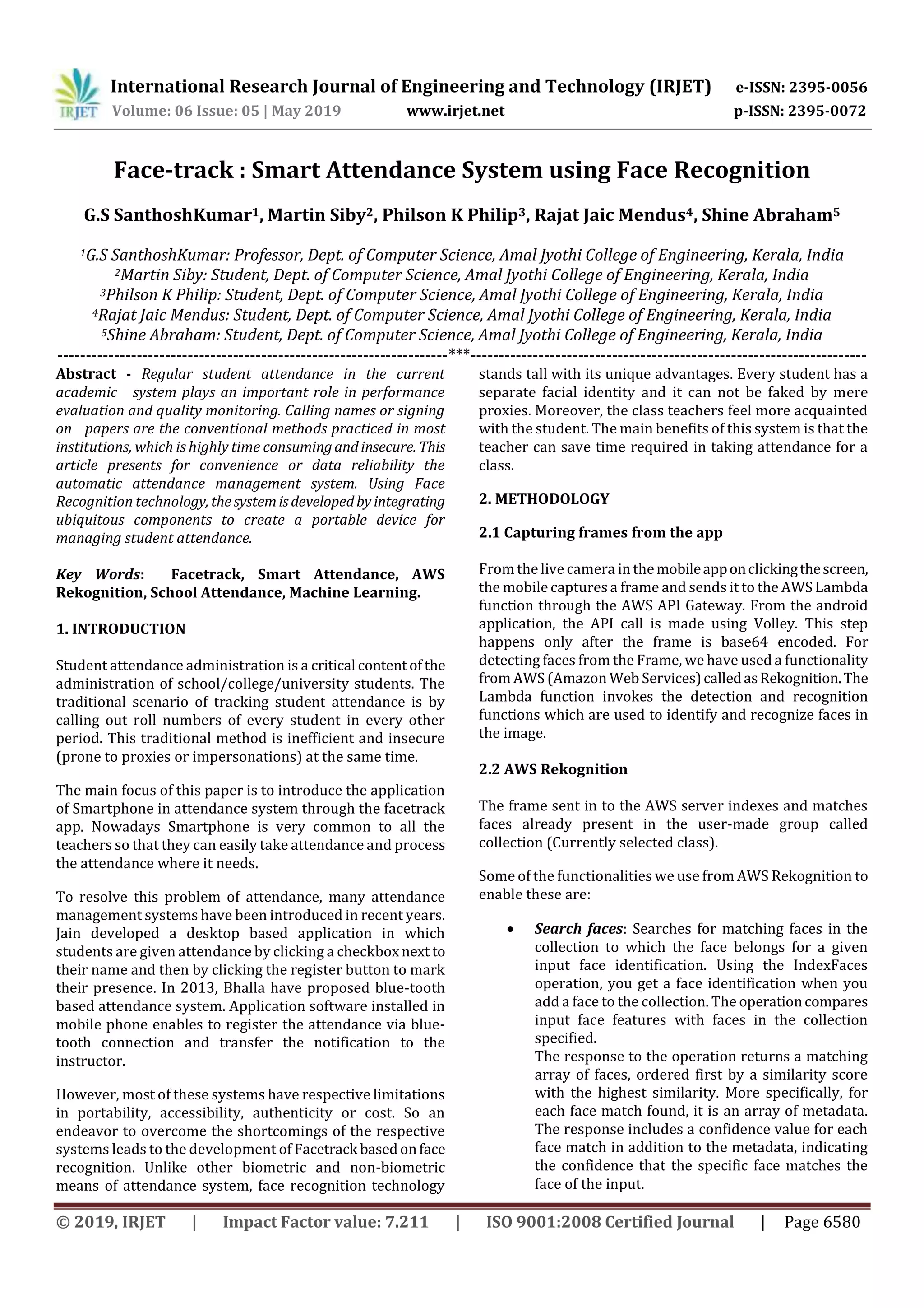 IRJET- Face-Track: Smart Attendance System using Face Recognition | PDF