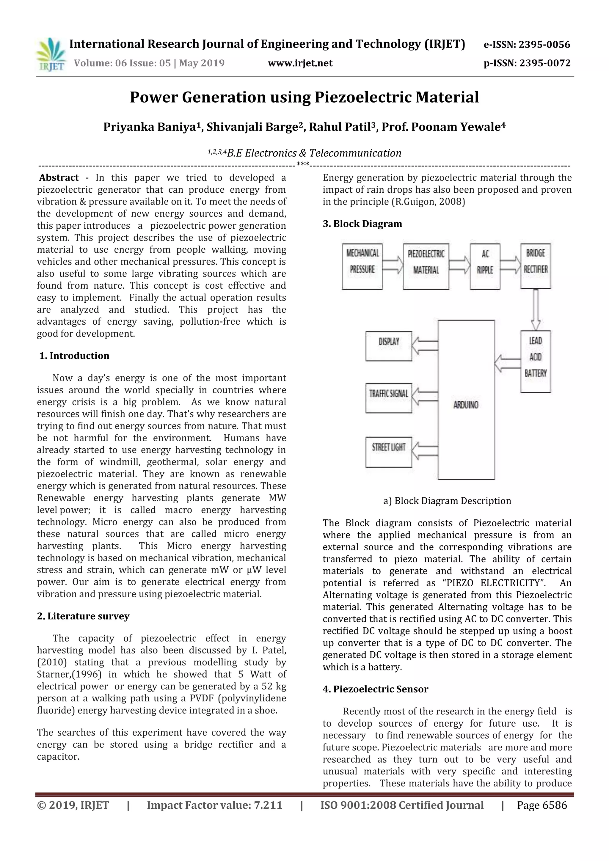 IRJET- Power Generation using Piezoelectric Material | PDF