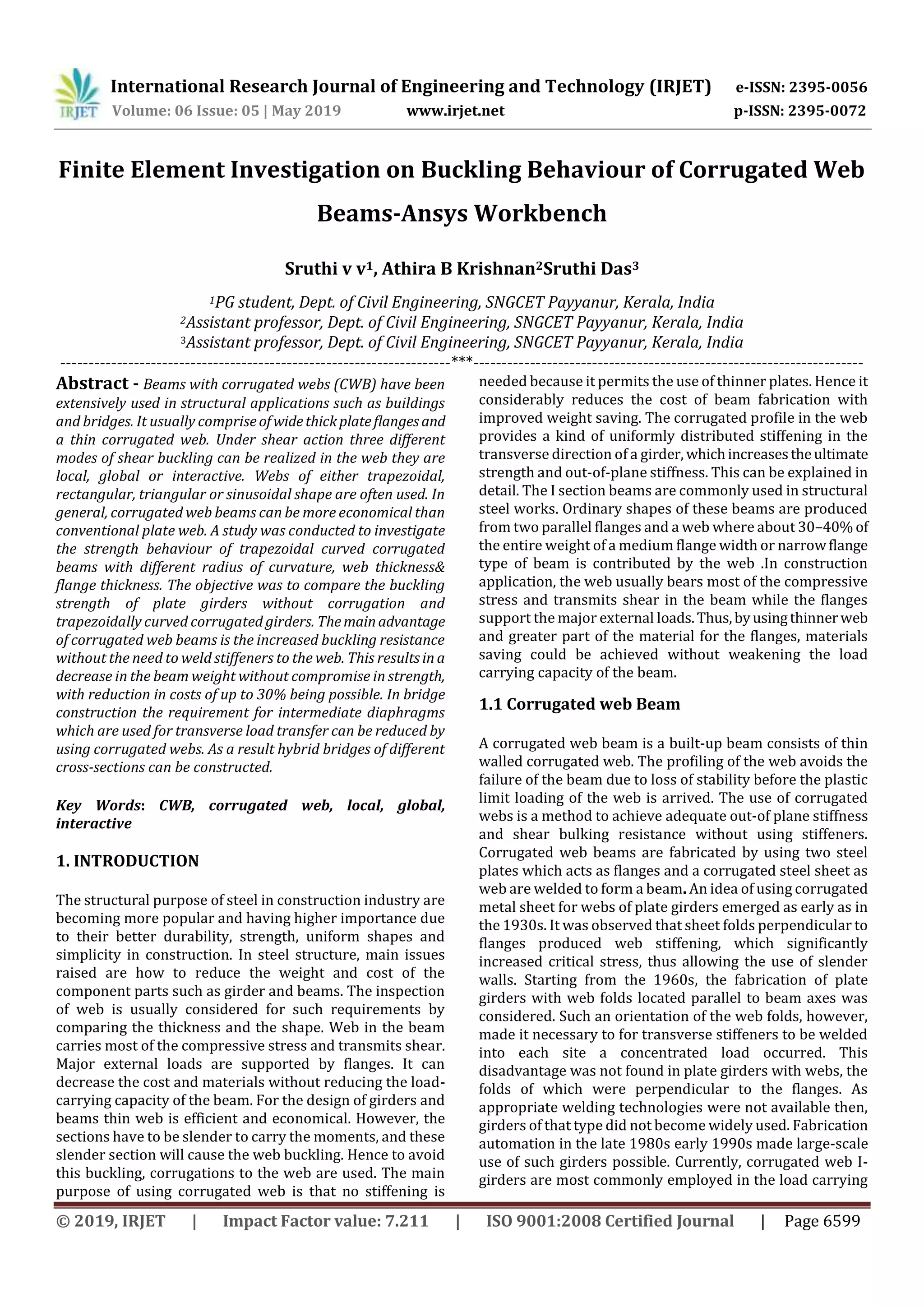 Irjet Finite Element Investigation On Buckling Behaviour Of Corrugated Web Beams Ansys