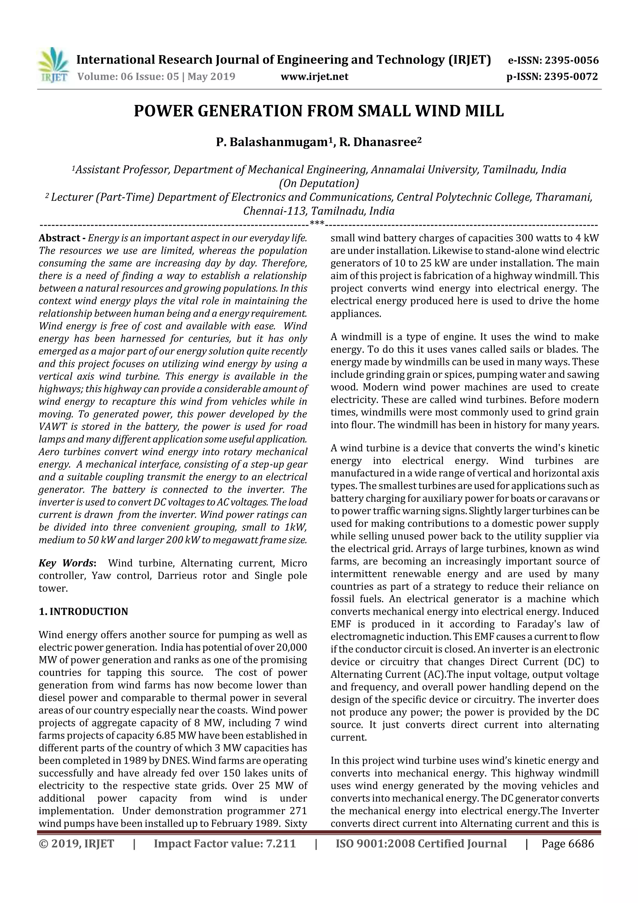IRJET- Power Generation from Small Wind Mill | PDF