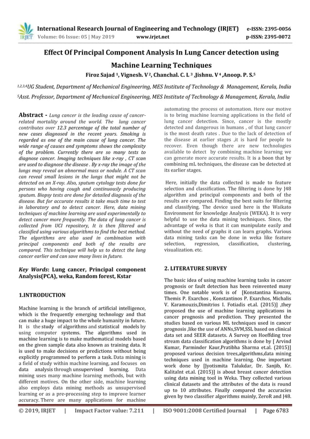 IRJET- Effect of Principal Component Analysis in Lung Cancer Detection ...