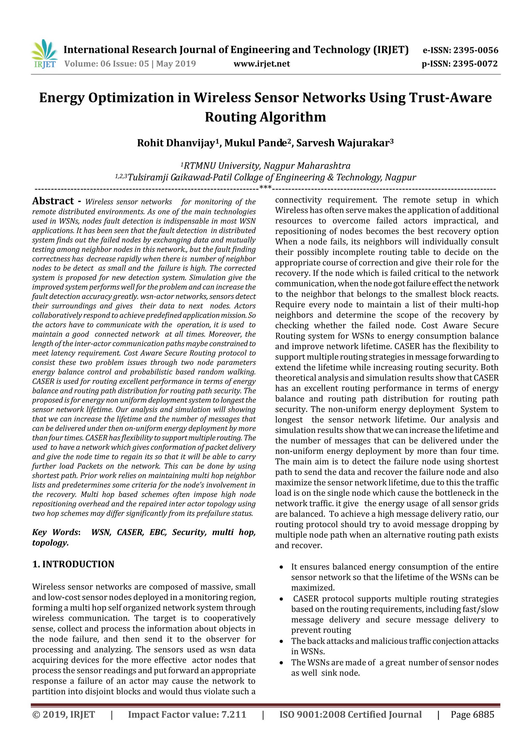 Irjet Energy Optimization In Wireless Sensor Networks Using Trust