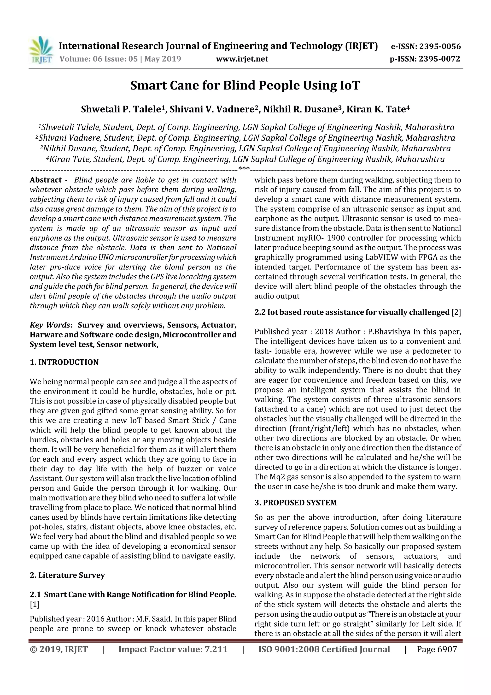 IRJET- Smart Cane for Blind People using IoT | PDF