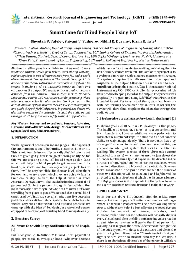 IRJET- Smart Cane for Blind People using IoT | PDF | Internet of Things | Internet