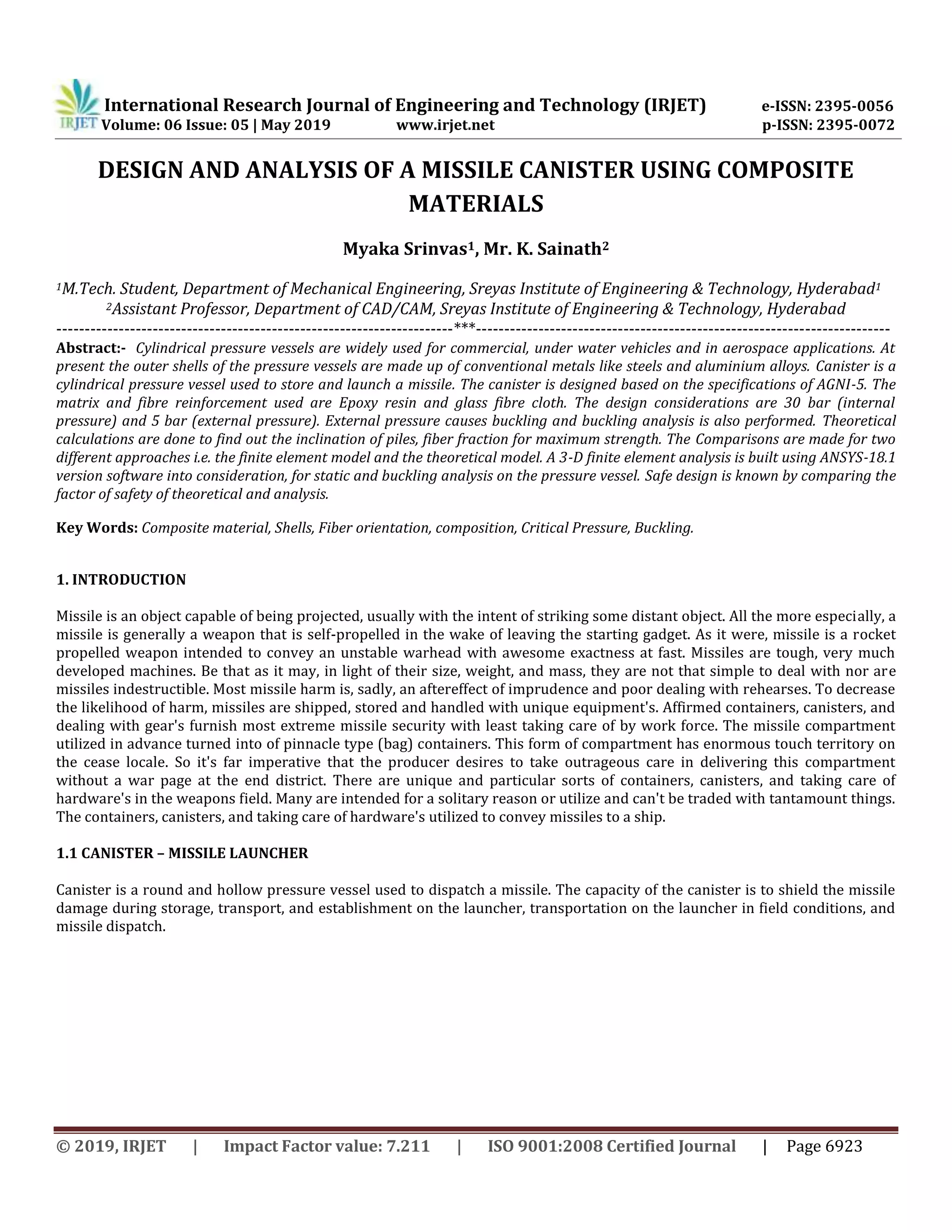 IRJET- Design and Analysis of a Missile Canister using Composite ...