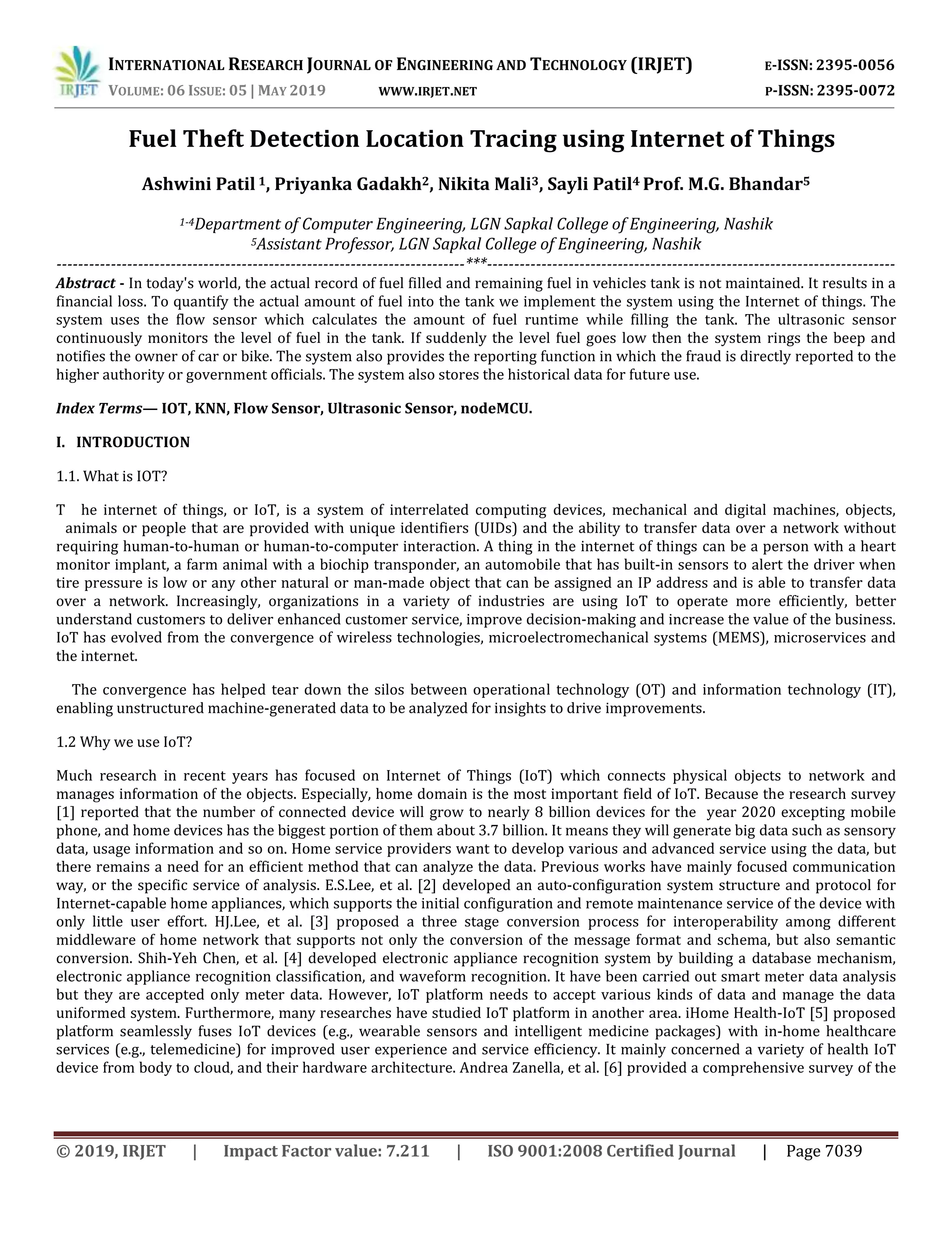 IRJET- Fuel Theft Detection Location Tracing using Internet of Things | PDF