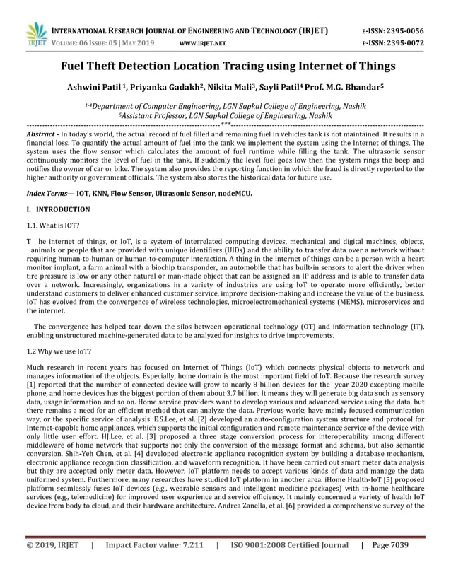 IRJET- Fuel Theft Detection Location Tracing using Internet of Things | PDF