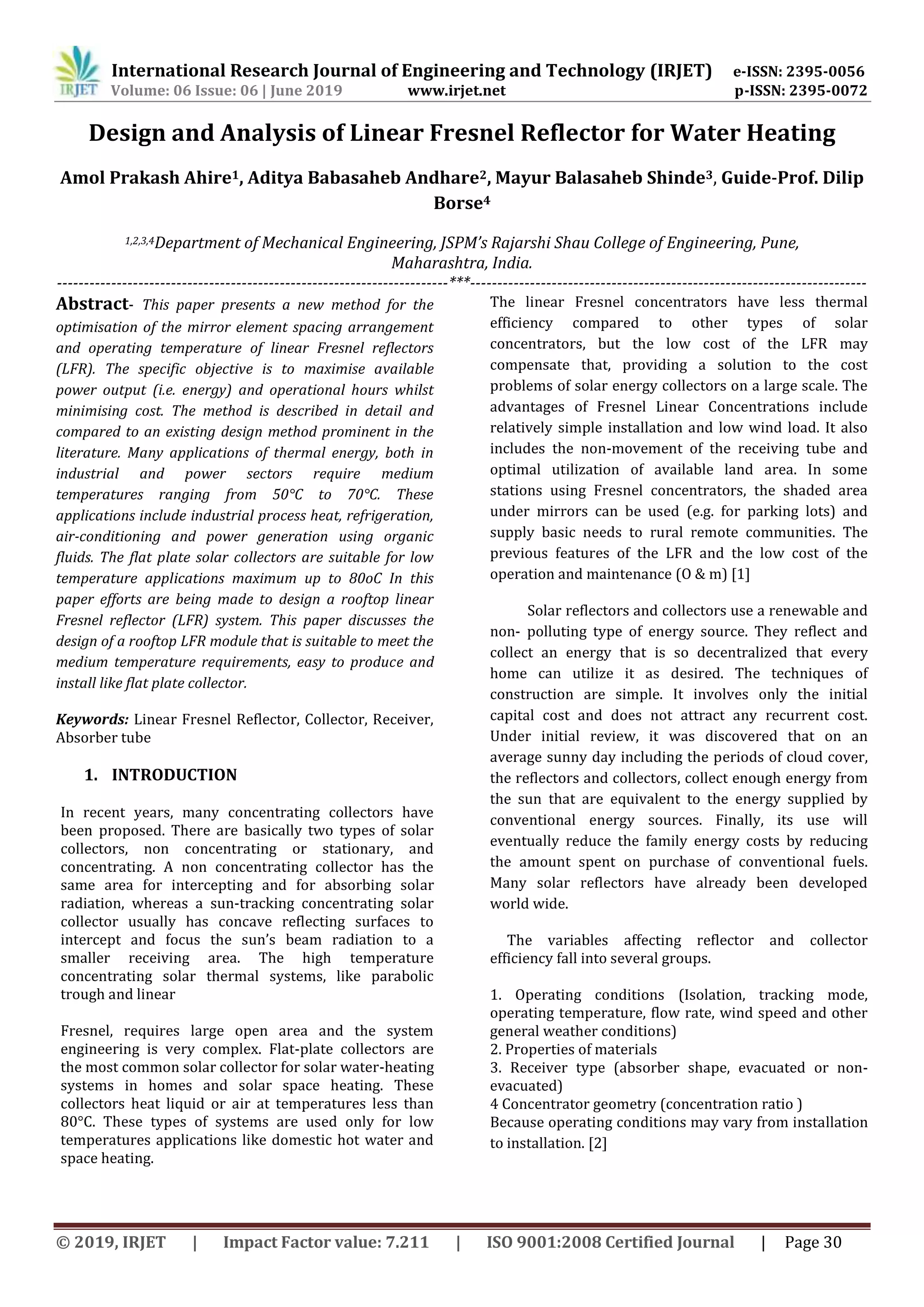 IRJET- Design and Analysis of Linear Fresnel Reflector for Water ...