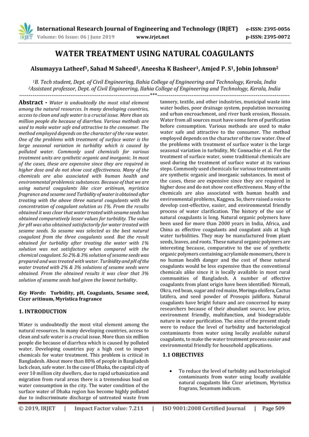 IRJET- Water Treatment using Natural Coagulants | PDF