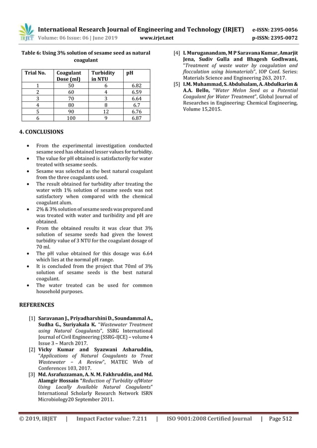 IRJET- Water Treatment using Natural Coagulants | PDF