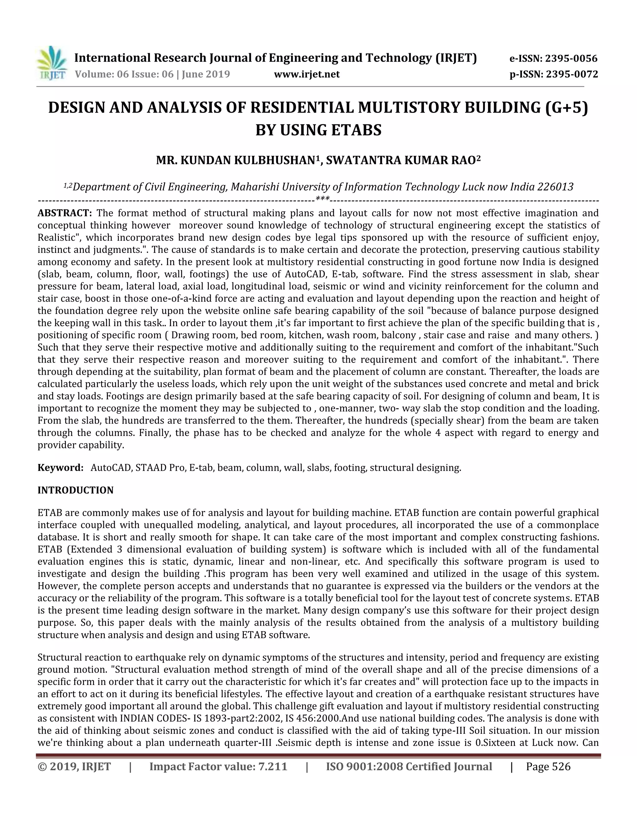 IRJET- Design and Analysis of Residential Multistory Building (G+5) by using ETABS | PDF