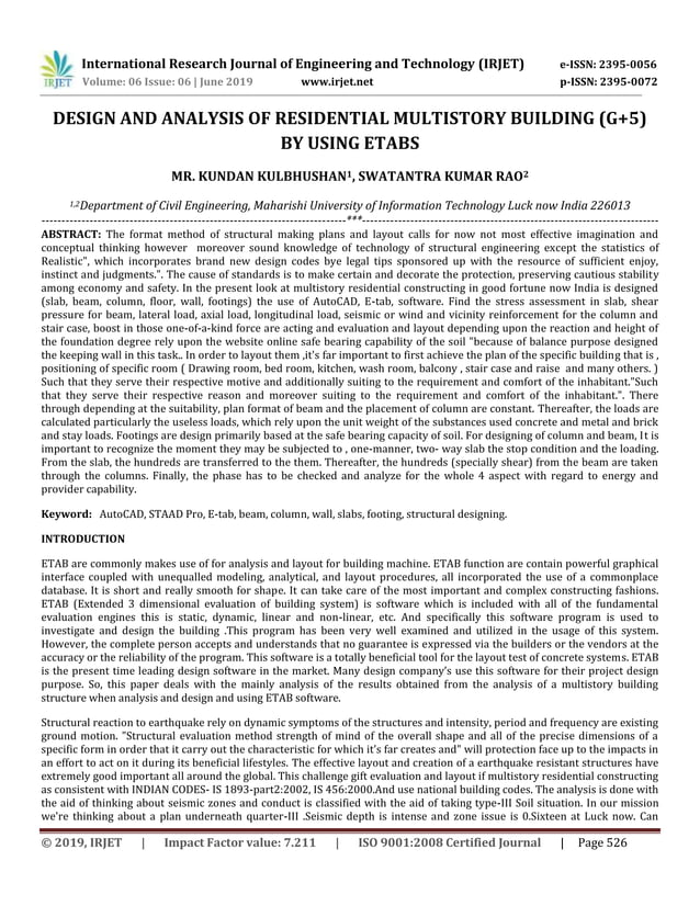 IRJET- Design and Analysis of Residential Multistory Building (G+5) by using ETABS | PDF