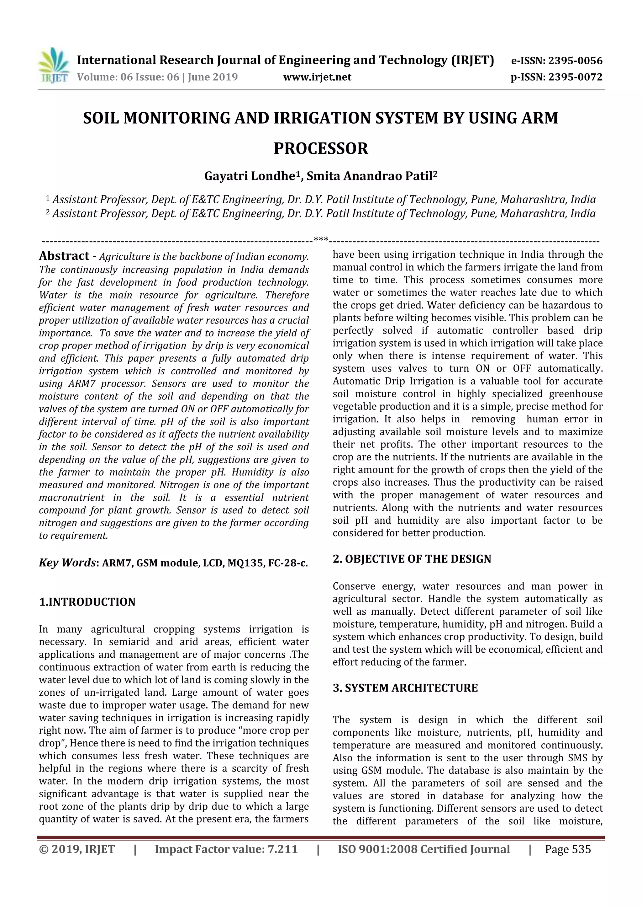IRJET- Soil Monitoring and Irrigation System by using Arm Processor ...
