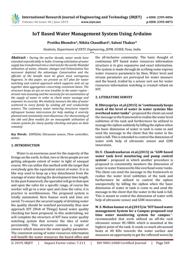IRJET- IoT based Water Management System using Arduino | PDF | Internet of Things | Internet