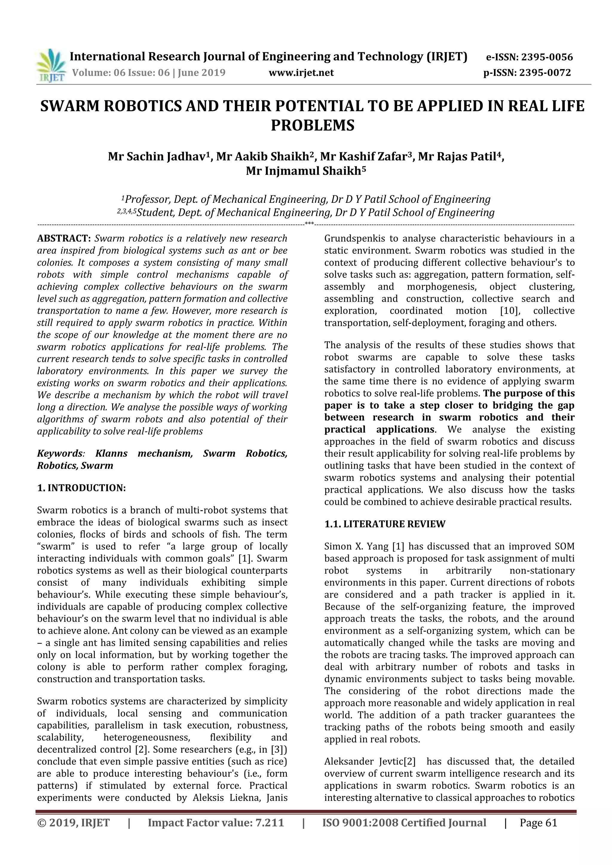 IRJET- Swarm Robotics and their Potential to be Applied in Real Life Problems | PDF