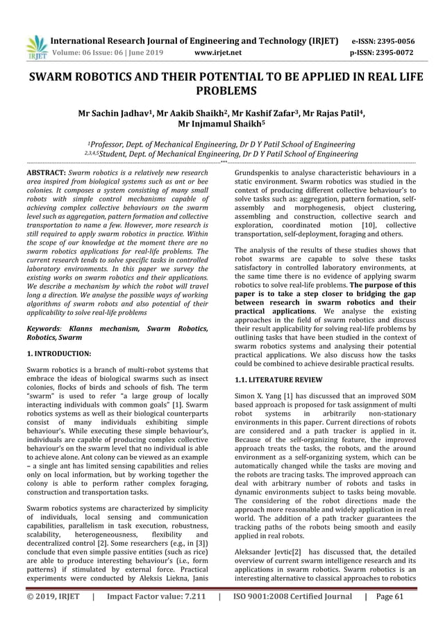IRJET- Swarm Robotics and their Potential to be Applied in Real Life Problems | PDF