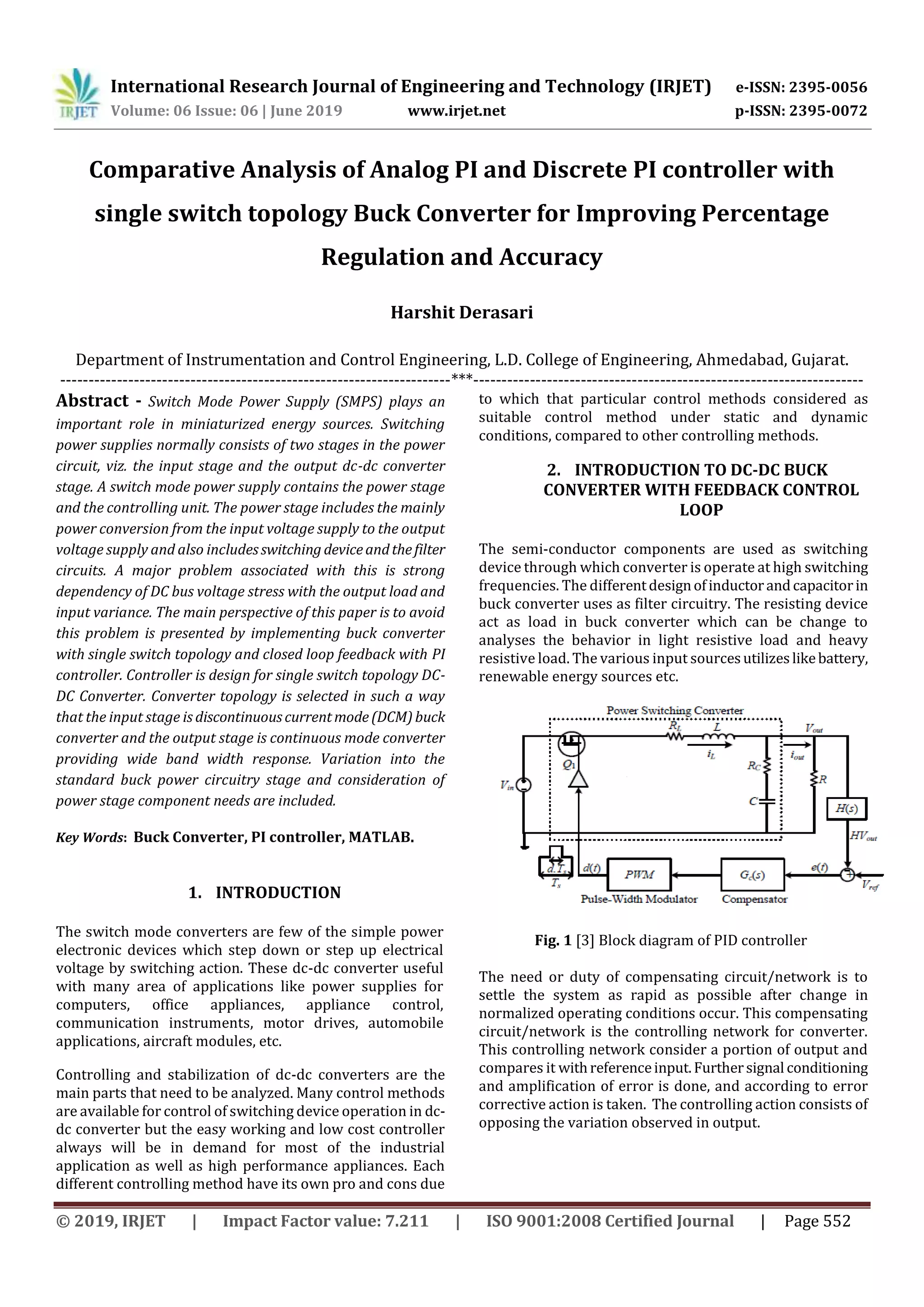 IRJET- Comparative Analysis of Analog PI and Discrete PI Controller with Single Switch Topology ...
