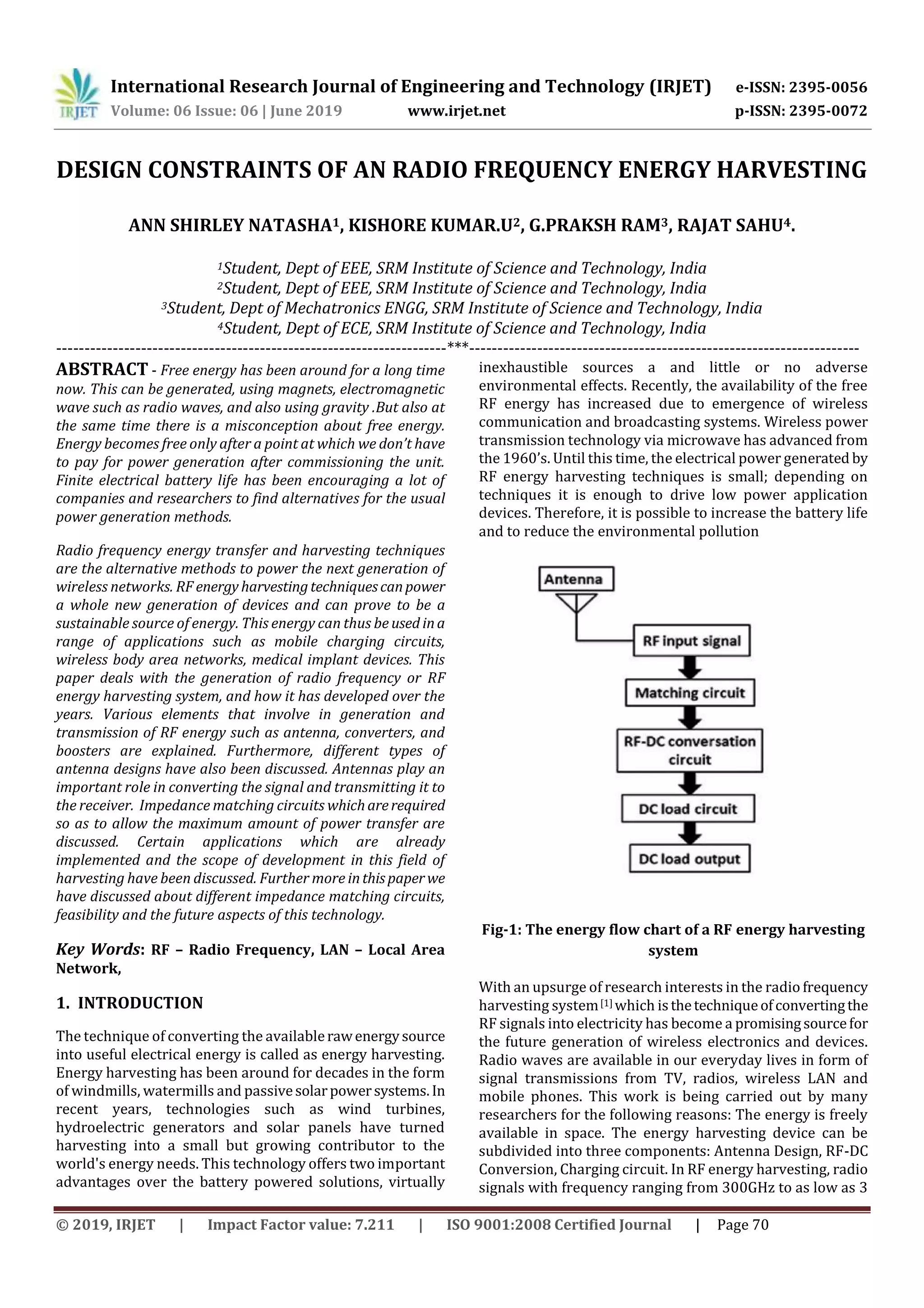 IRJET- Design Constraints of an Radio Frequency Energy Harvesting | PDF