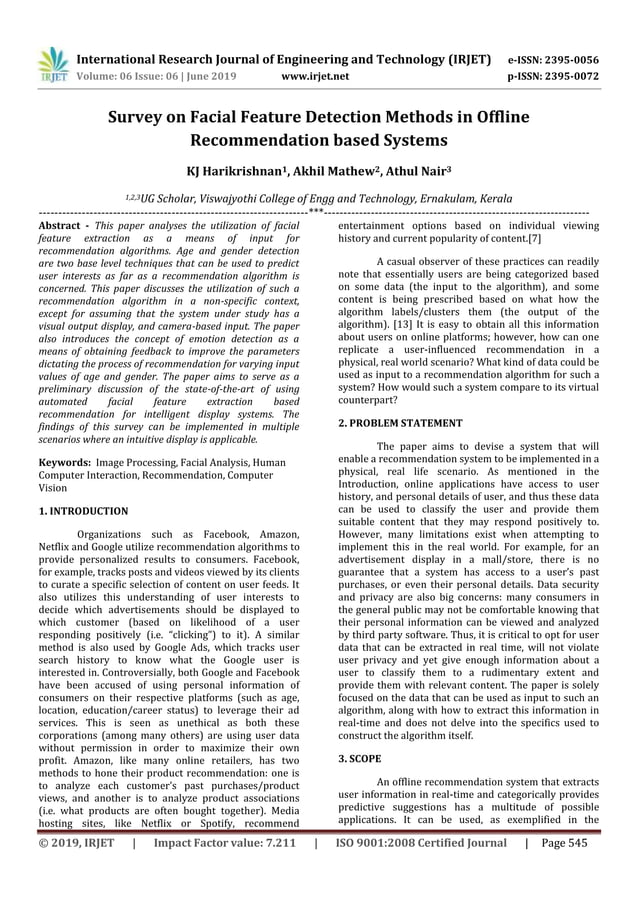 IRJET- Survey on Facial Feature Detection Methods in Offline Recommendation based Systems | PDF ...