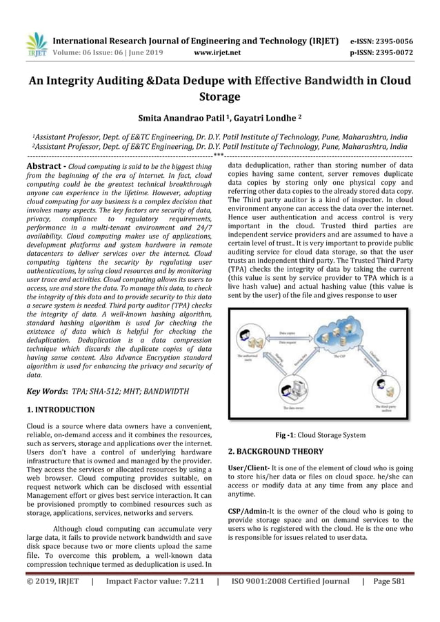 IRJET- An Integrity Auditing &Data Dedupe withEffective Bandwidth in Cloud Storage | PDF