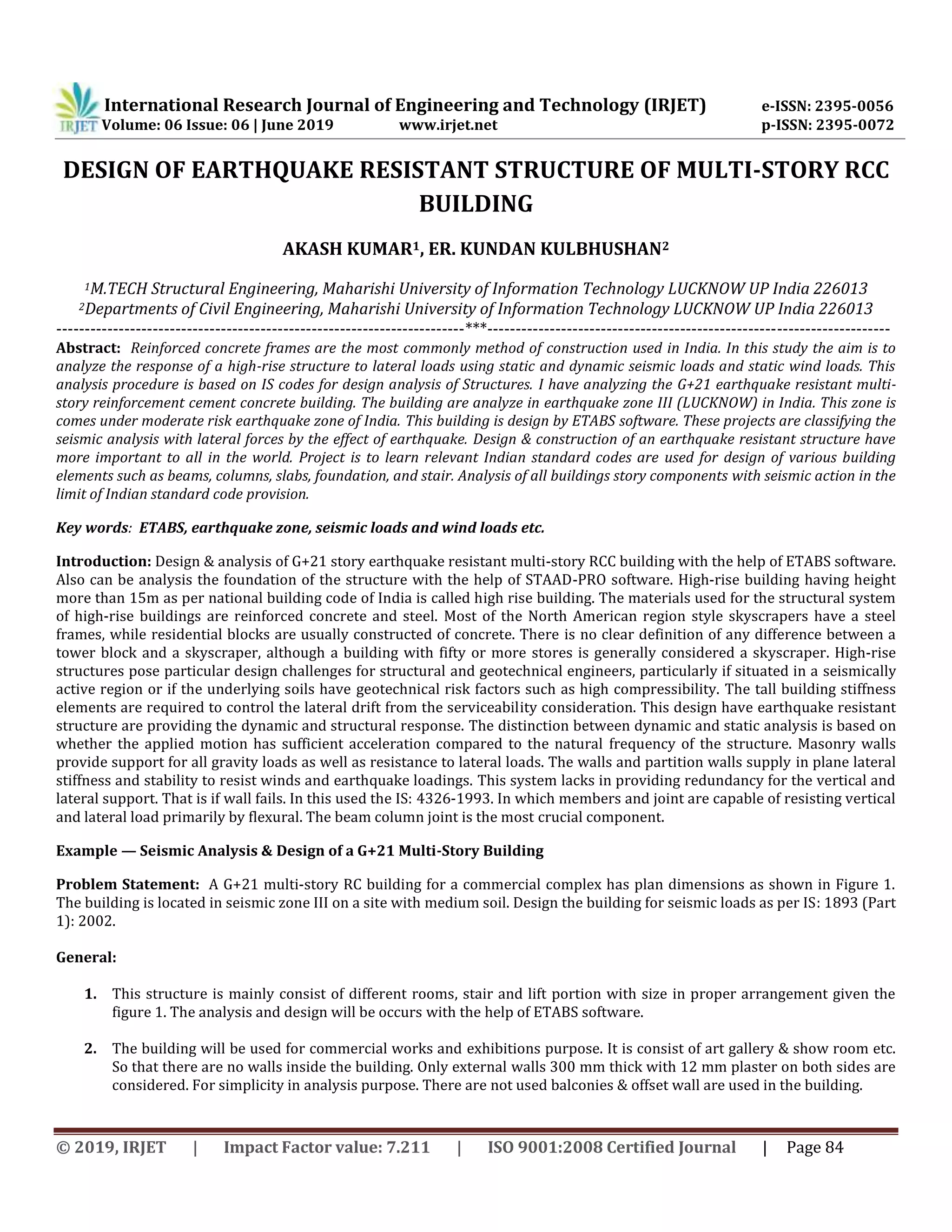 IRJET- Design of Earthquake Resistant Structure of Multi-Story RCC ...