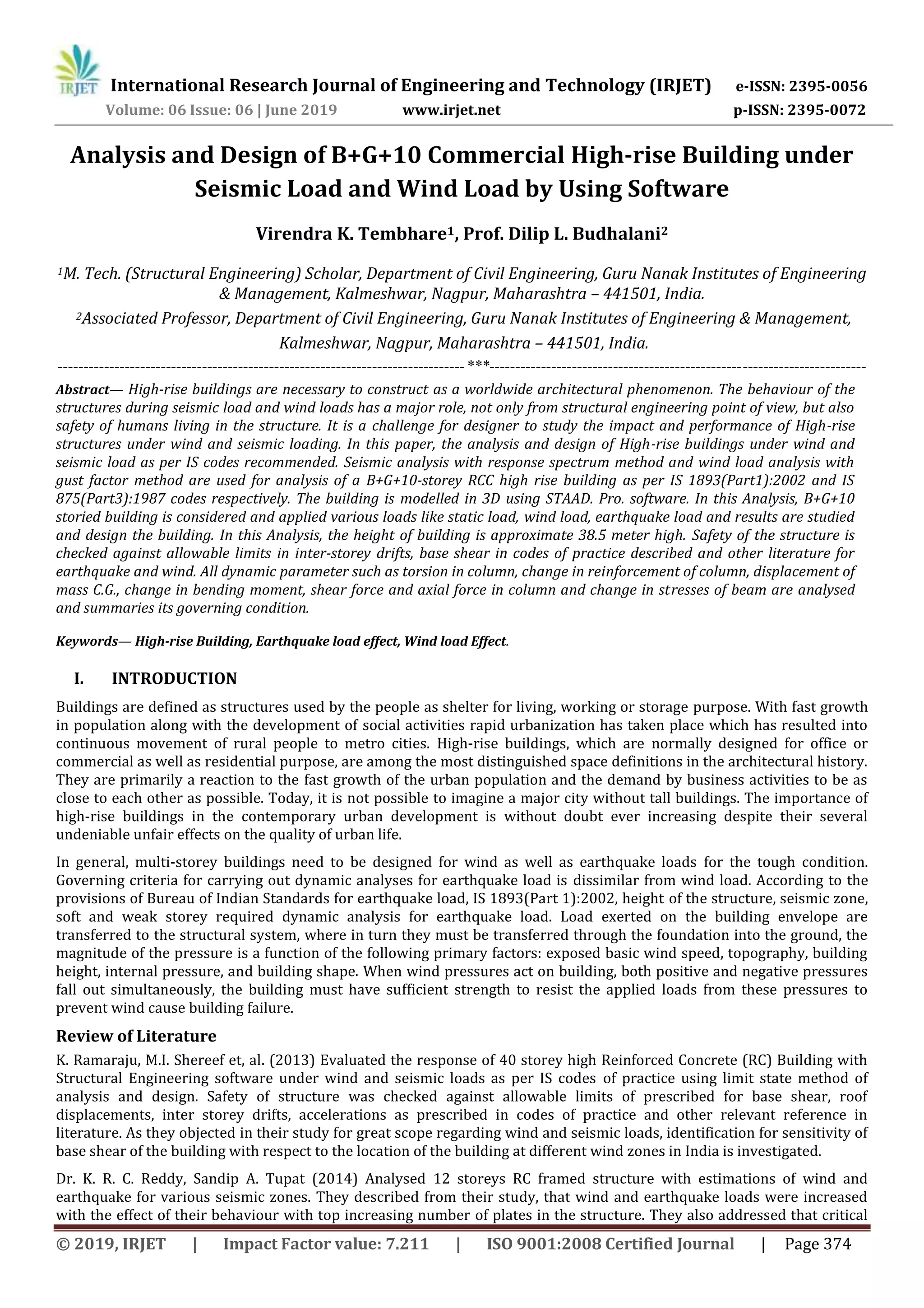 IRJET- Analysis and Design Of B+G+10 Commercial High-Rise Building under Seismic Load and Wind ...