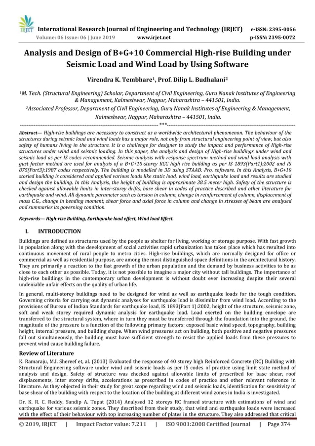 IRJET- Analysis and Design Of B+G+10 Commercial High-Rise Building under Seismic Load and Wind ...
