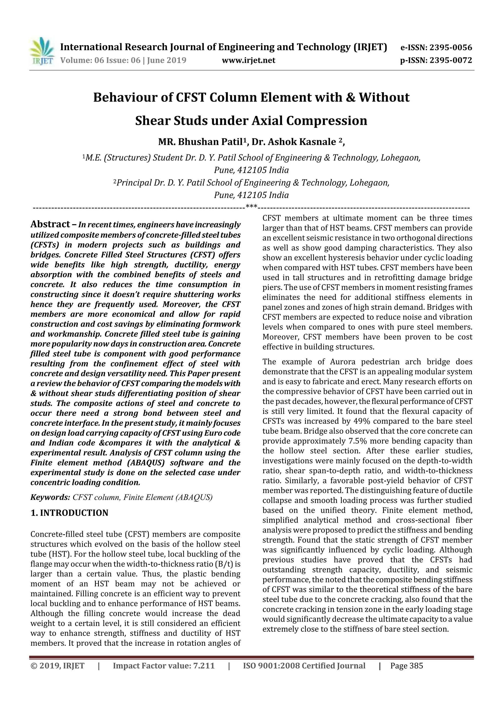 IRJET- Behaviour of CFST Column Element with & without Shear Studs ...