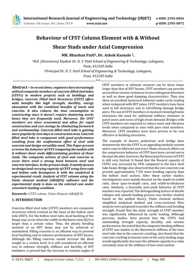 IRJET- Behaviour of CFST Column Element with & without Shear Studs under Axial Compression | PDF