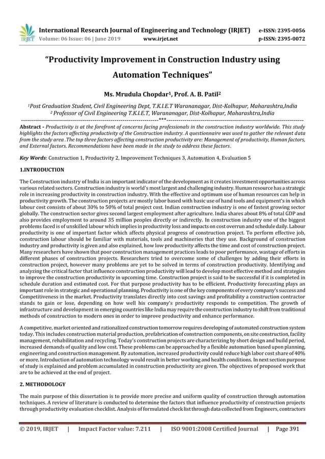 IRJET- Productivity Improvement in Construction Industry using Automation Techniques | PDF
