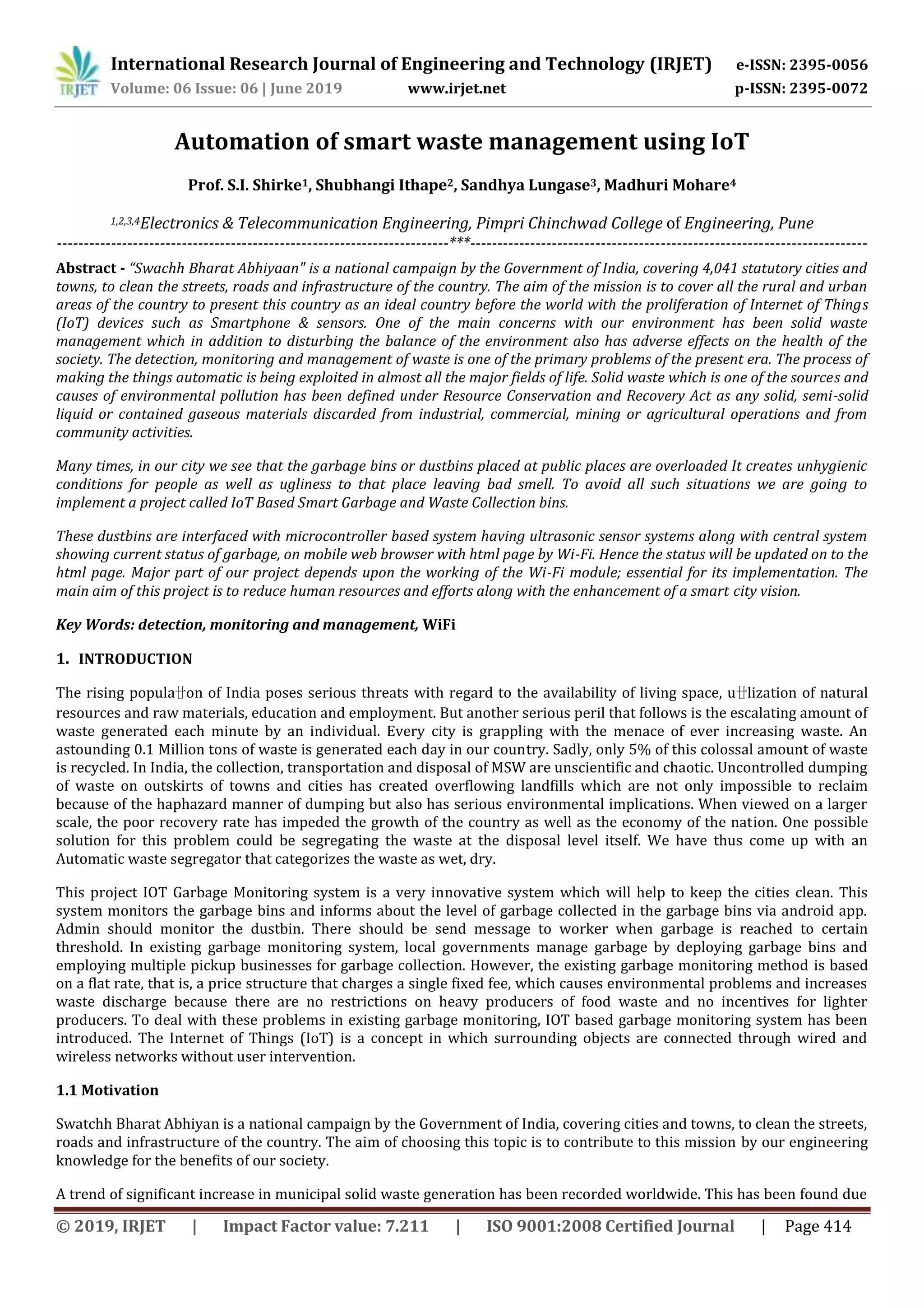 IRJET- Automation of Smart Waste Management using IoT | PDF | Environmental Services Industry ...