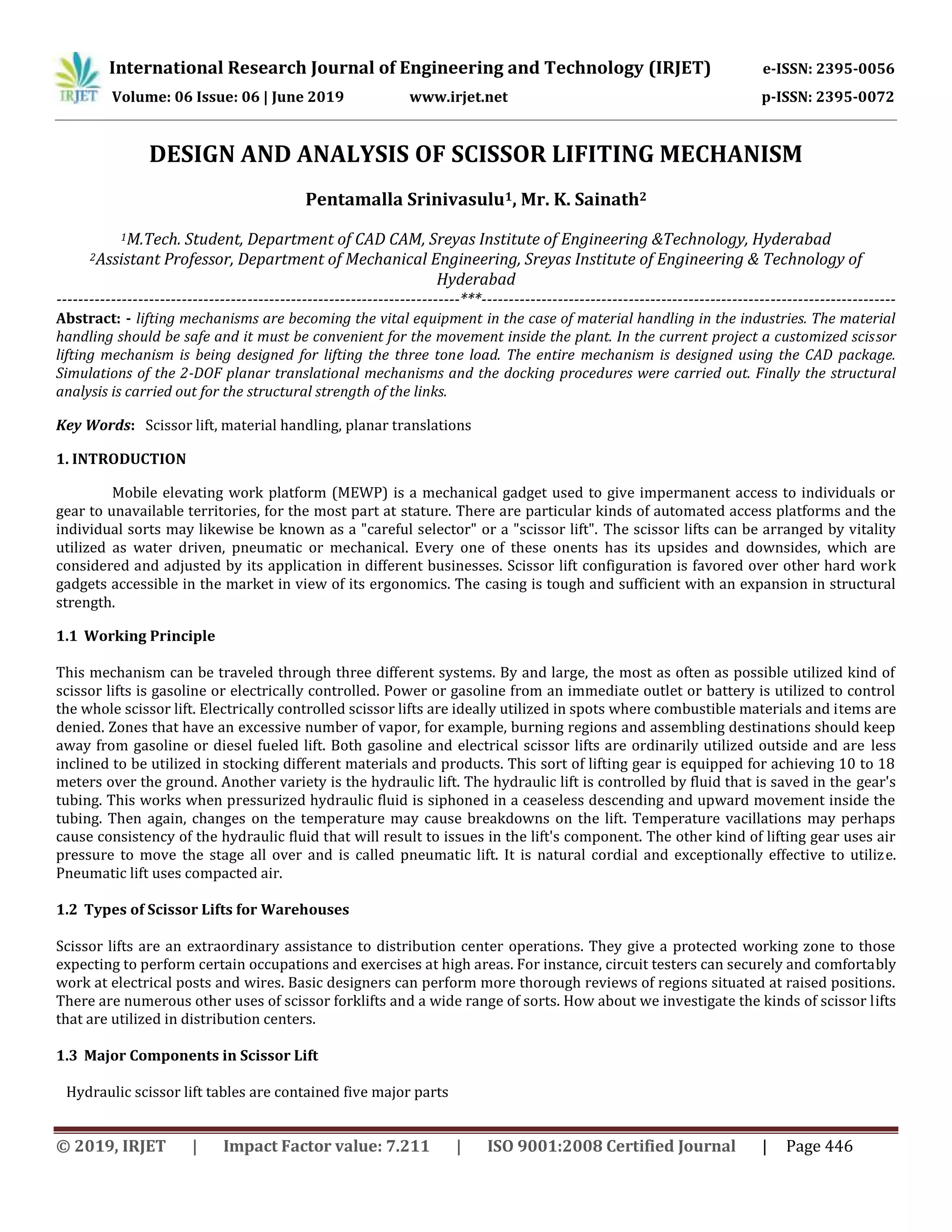 IRJET- Design and Analysis of Scissor Lifiting Mechanism | PDF