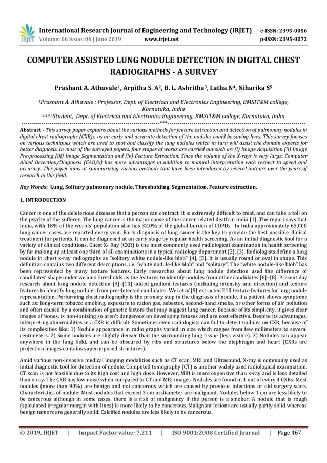 IRJET= Computer Assisted Lung Nodule Detection in Digital Chest Radiographs - A Survey | PDF