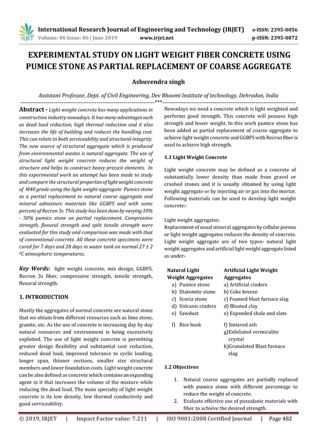 IRJET- Experimental Study on Light Weight Fiber Concrete using Pumice Stone as Partial ...