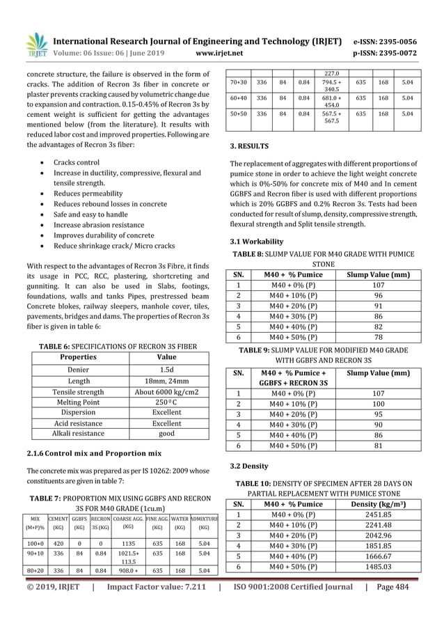 IRJET- Experimental Study on Light Weight Fiber Concrete using Pumice Stone as Partial ...