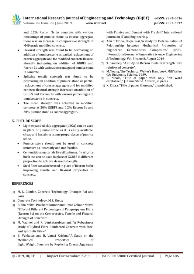 IRJET- Experimental Study on Light Weight Fiber Concrete using Pumice Stone as Partial ...