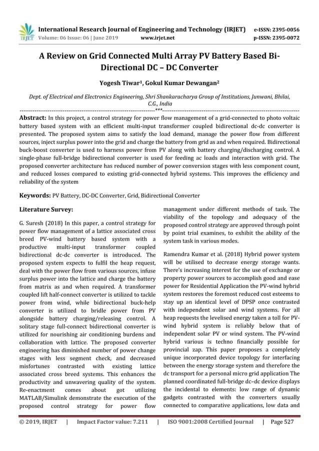 IRJET- A Review on Grid Connected Multi Array PV Battery based Bi-Directional DC – DC Converter ...