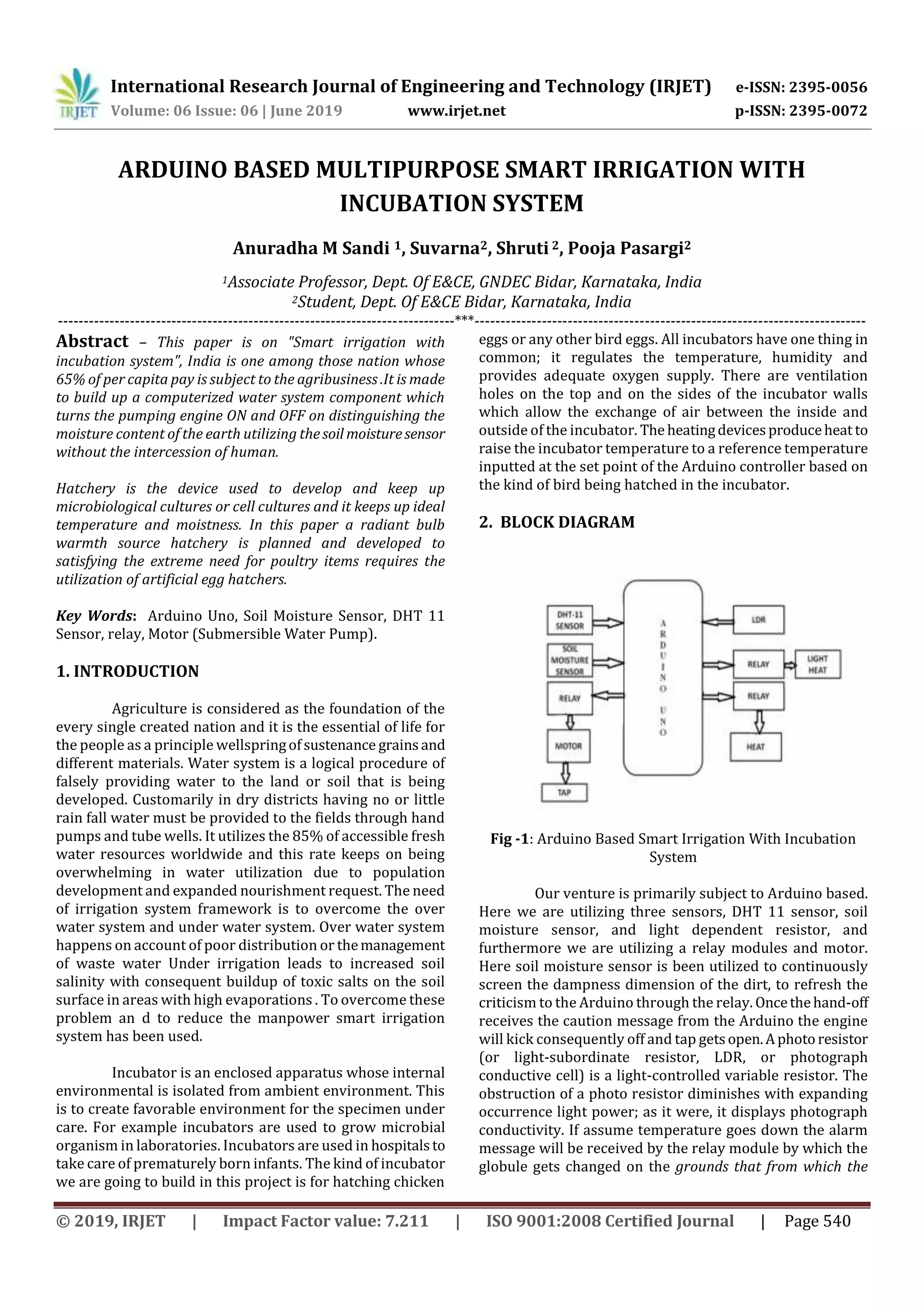 IRJET- Arduino based Multipurpose Smart Irrigation with Incubation System | PDF