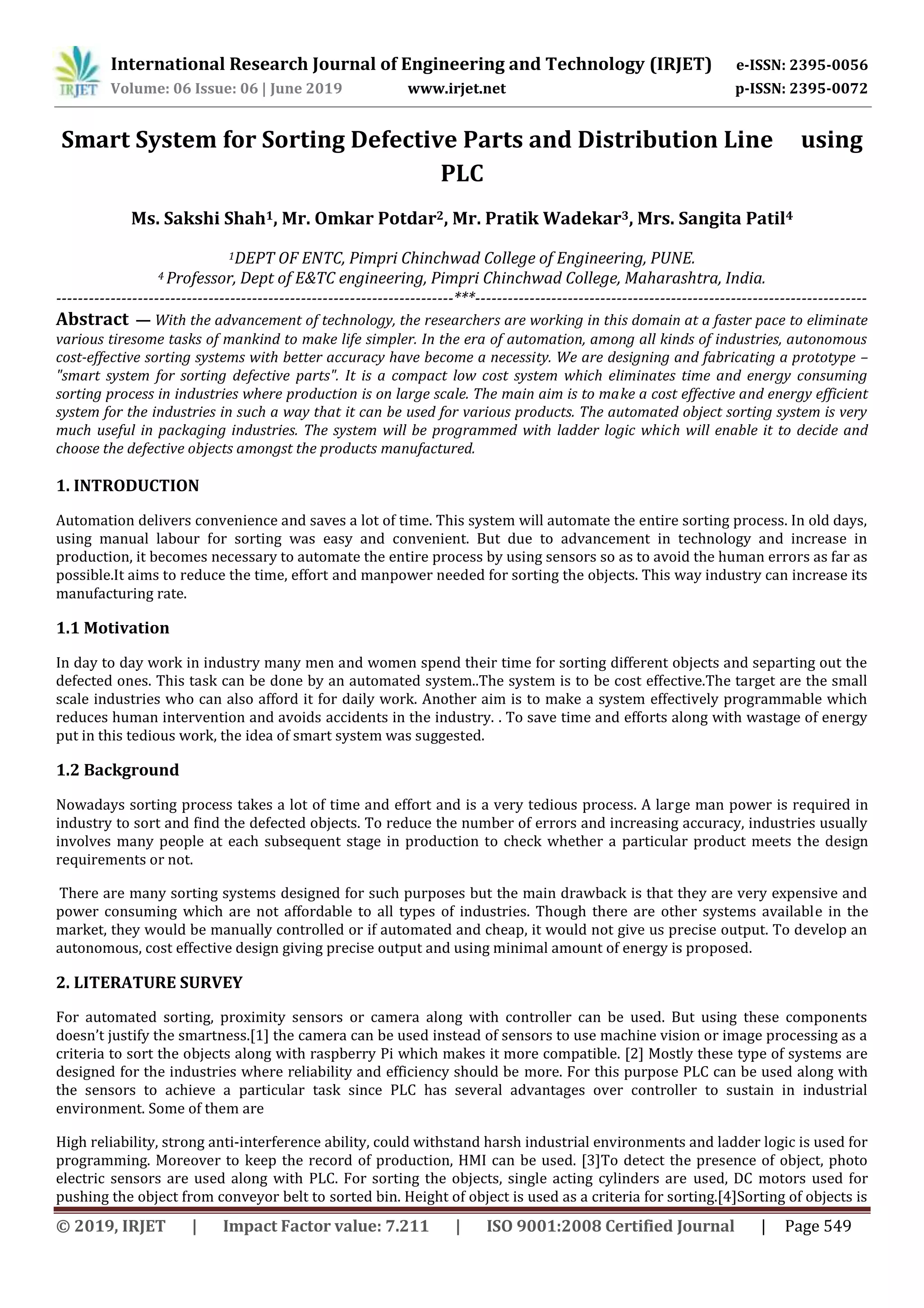Irjet Smart System For Sorting Defective Parts And Distribution Line