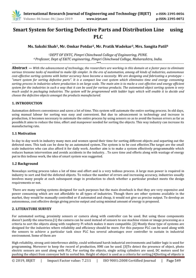 IRJET- Smart System for Sorting Defective Parts and Distribution Line using PLC | PDF